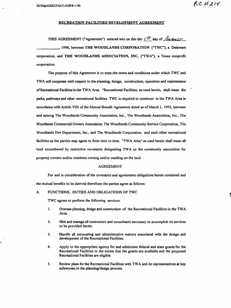 TWA-TWC - Recreation Facility Develop Agrmt-1996-SIGNED | PDF