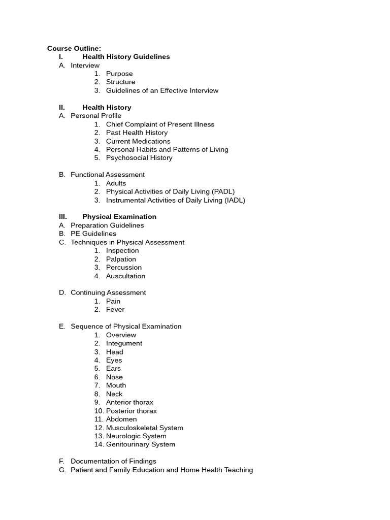 Course Outline NCM 101 Health Assessment | PDF