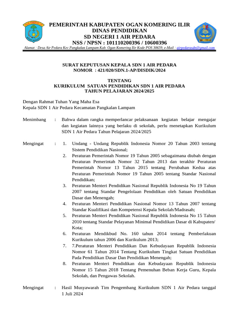 SK Pemberlakuan Kurikulum | PDF