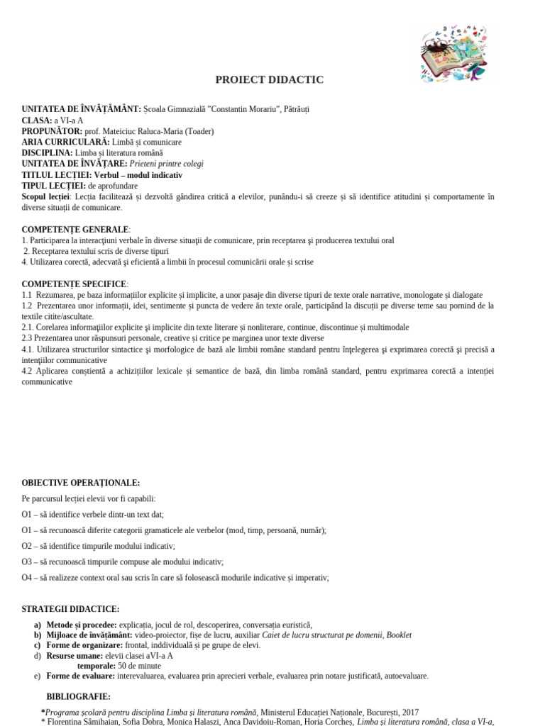 Proiect Didactic Verbul Vi1 | PDF