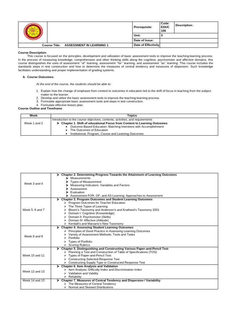 Assessment in Learning 1 - Syllabus | PDF