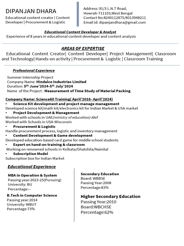 CV - Dipanjan Dhara - 2024 | PDF