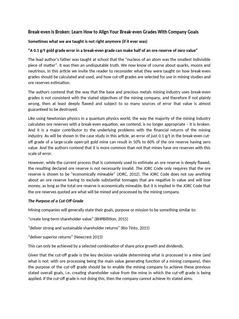 Break Even Cut Off Grade | PDF