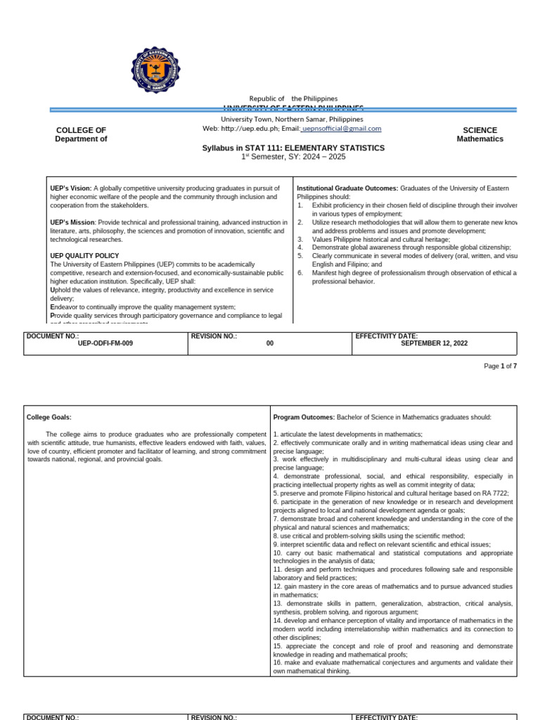 Elementary Statistics Syllabus | PDF