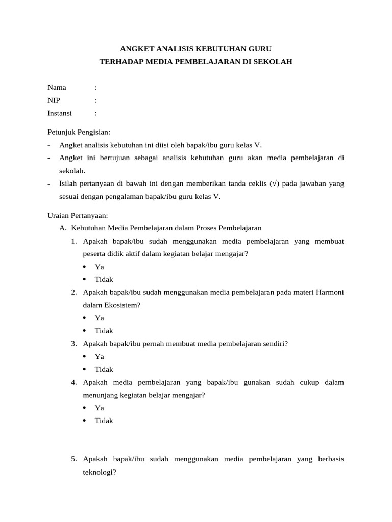 Angket Analisis Kebutuhan Guru | PDF
