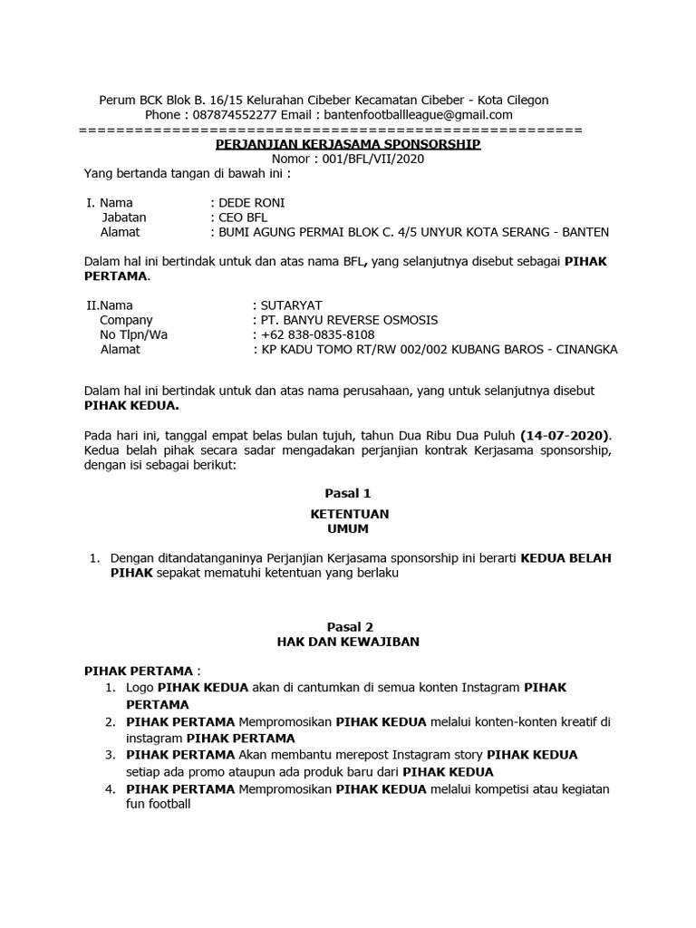 Mou Sponsorship BFL & PT - Banyu Reverse Osmosis | PDF