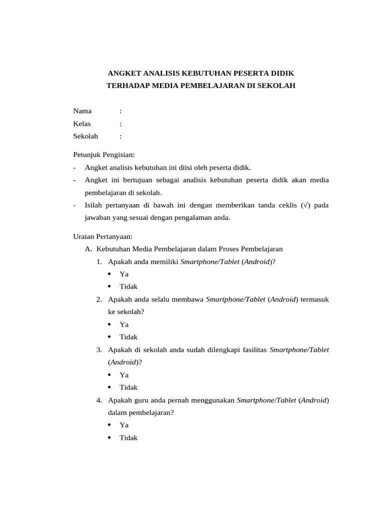 Angket Analisis Kebutuhan Peserta Didik | PDF | Ilmu Sosial | Komputer