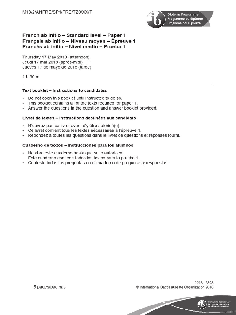 French Ab Initio Paper 1 Text Booklet SL French | PDF