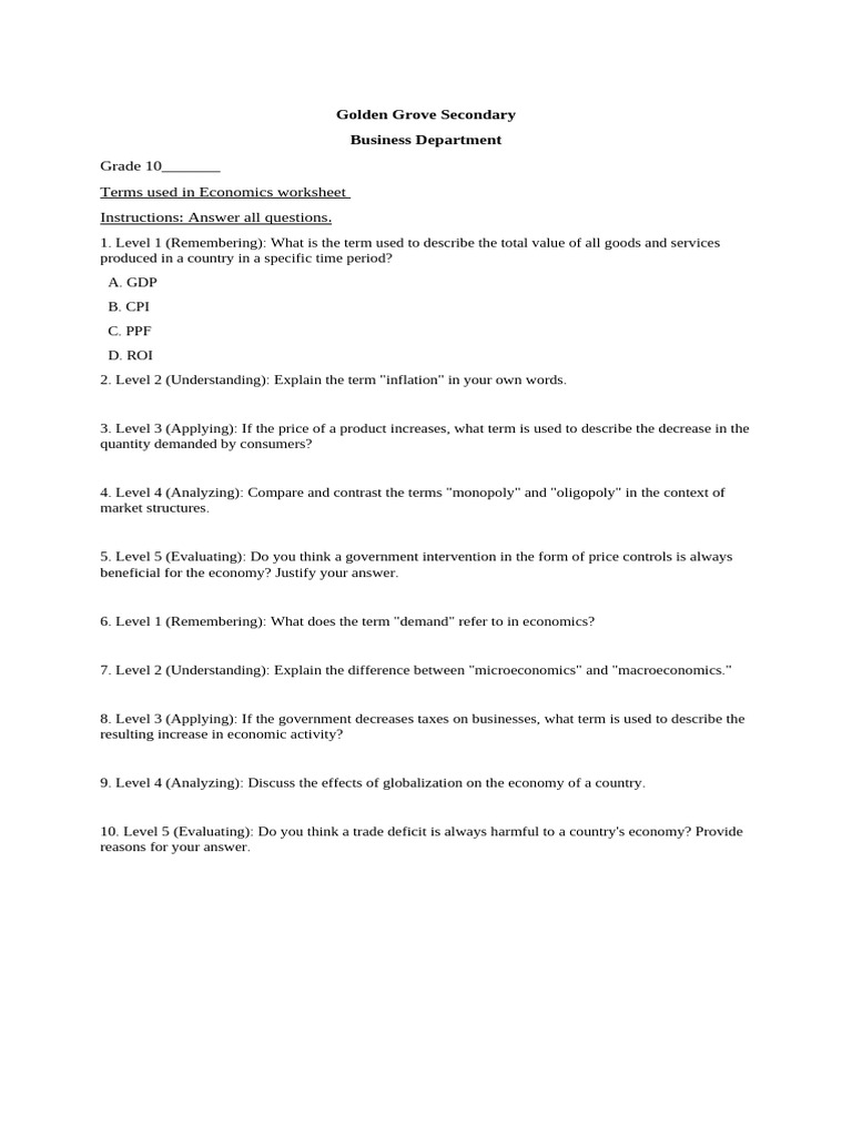 Terms Used in Economics Worksheet | PDF