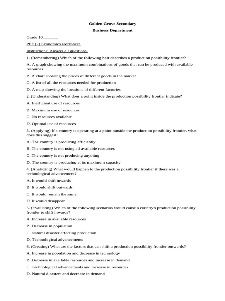 PPF (2) Economics Worksheet | PDF | Business Economics | Finance ...