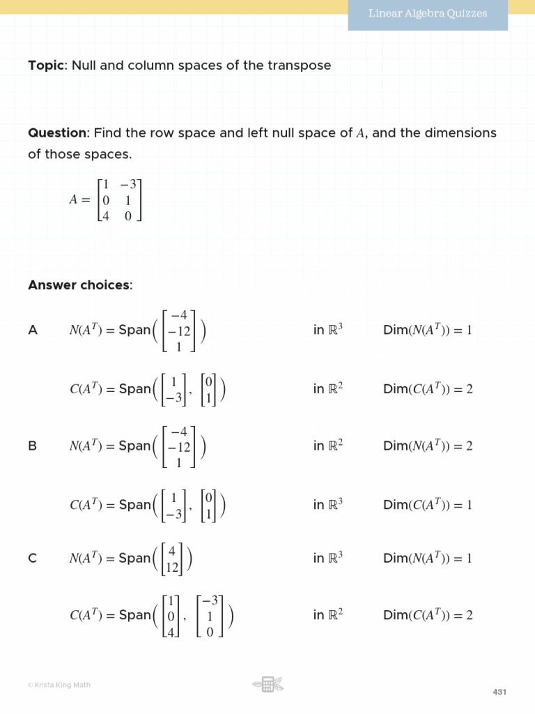 Null And Column Spaces Of The Transpose Quiz Pdf Pdf Linear Subspace Functions And Mappings