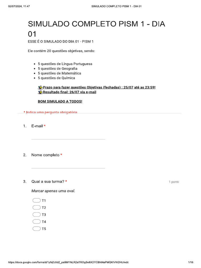 Simulado PISM I - 1º Dia Fechadas - Junho - Formulários Google-Nzmp-1 | PDF
