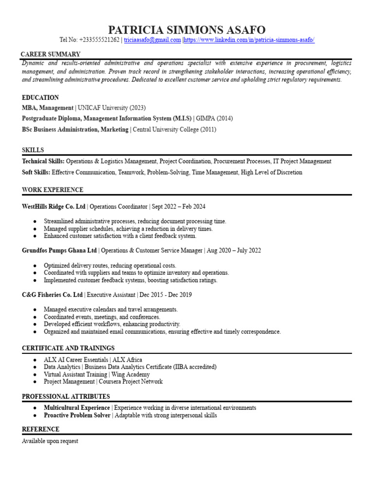 Patricia Simmons Asafo - CV | PDF | Business