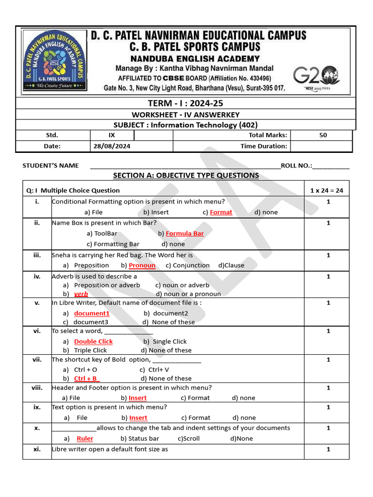 Ix Worksheet - 4 Answerkey For Termi 2024-25f | PDF