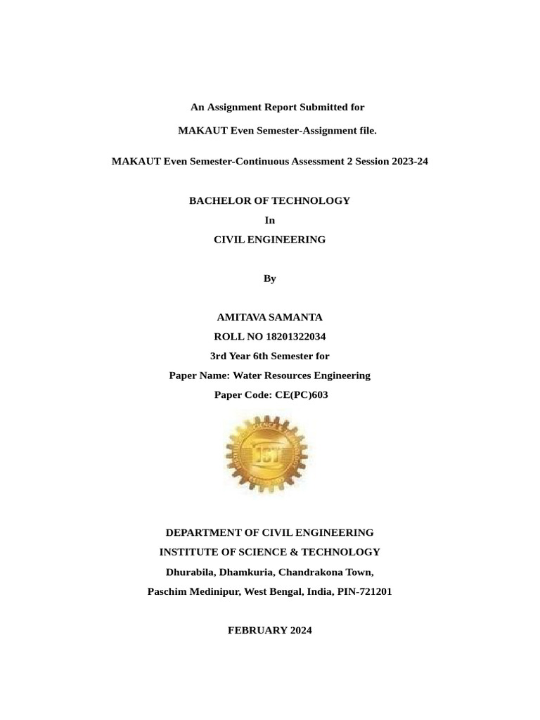 AMITAVA SAMANTA - 18201322034-6th CE (PC) 603 Water Resources Engineering | PDF