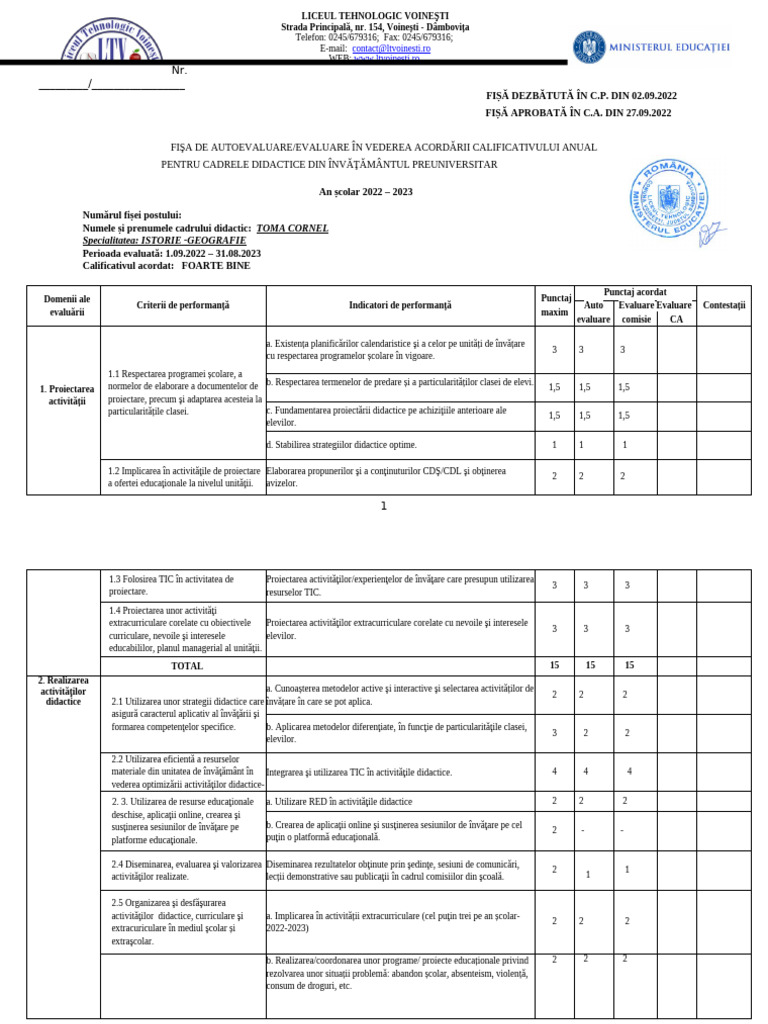Fisa Evaluare Cadre Didactice 2022-2023 | PDF