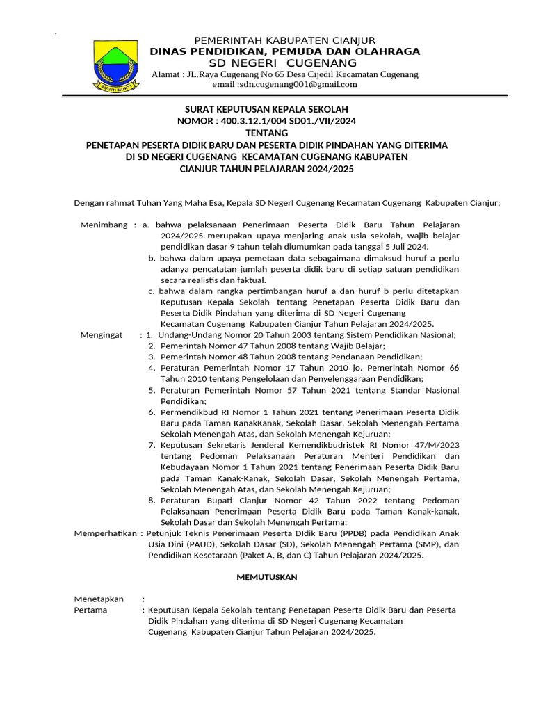 CNTH SKKS Penetapan PPDB Yg Diterima 2024-2025 | PDF