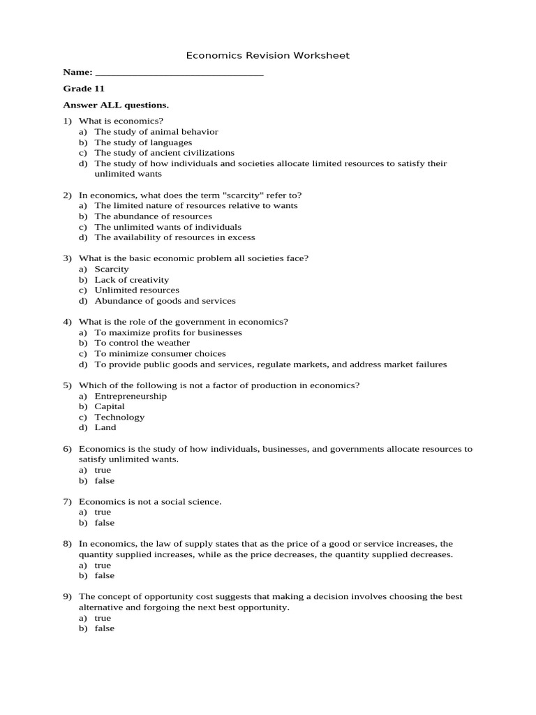 Economics Revision Worksheet GR 11 | PDF