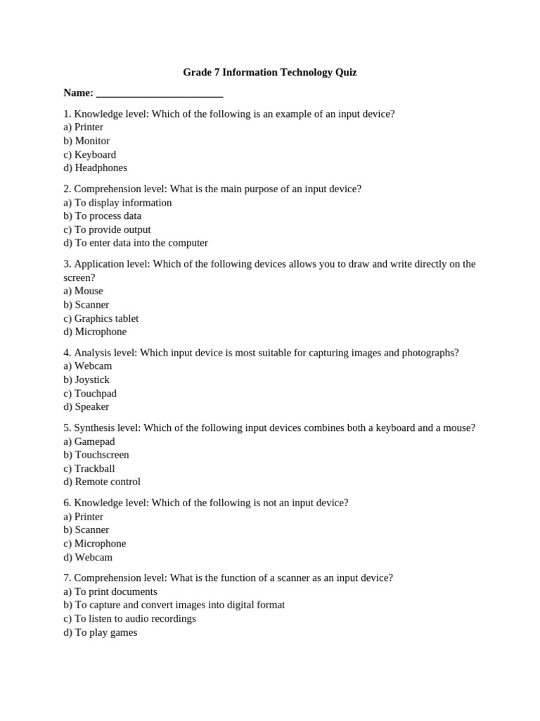 Grade 7 Information Technology Quiz Easter Term With Answer Sheet | PDF ...