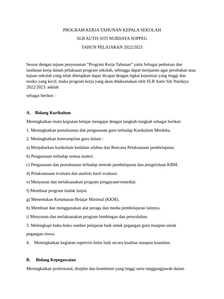 Program Kerja Tahunan Kepala Sekolah 22,23 | PDF