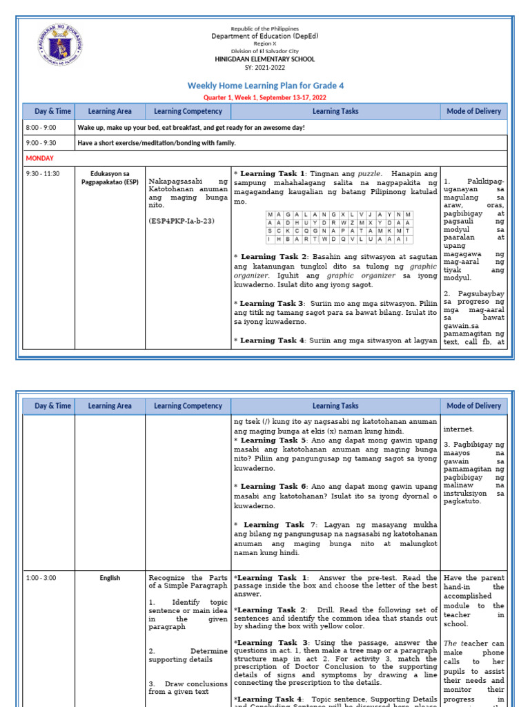 Grade 4 - All Subjects - WHLP - Q1 - W1 | PDF