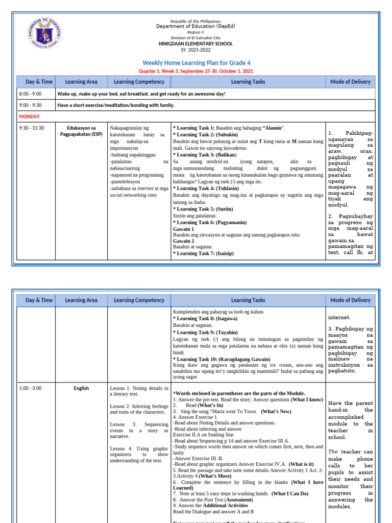 Grade 4 - All Subjects - WHLP - Q1 - W3 | PDF
