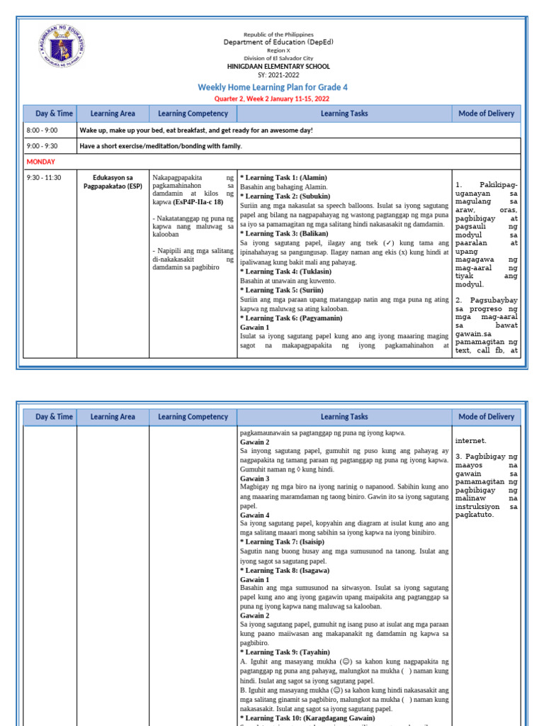 Grade 4 - All Subjects - WHLP - Q2 - W2 | PDF