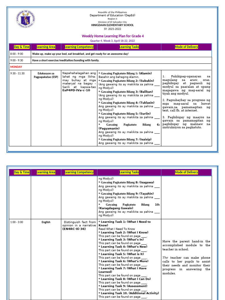 Grade 4 - All Subjects - WHLP - Q4 - W3 | PDF