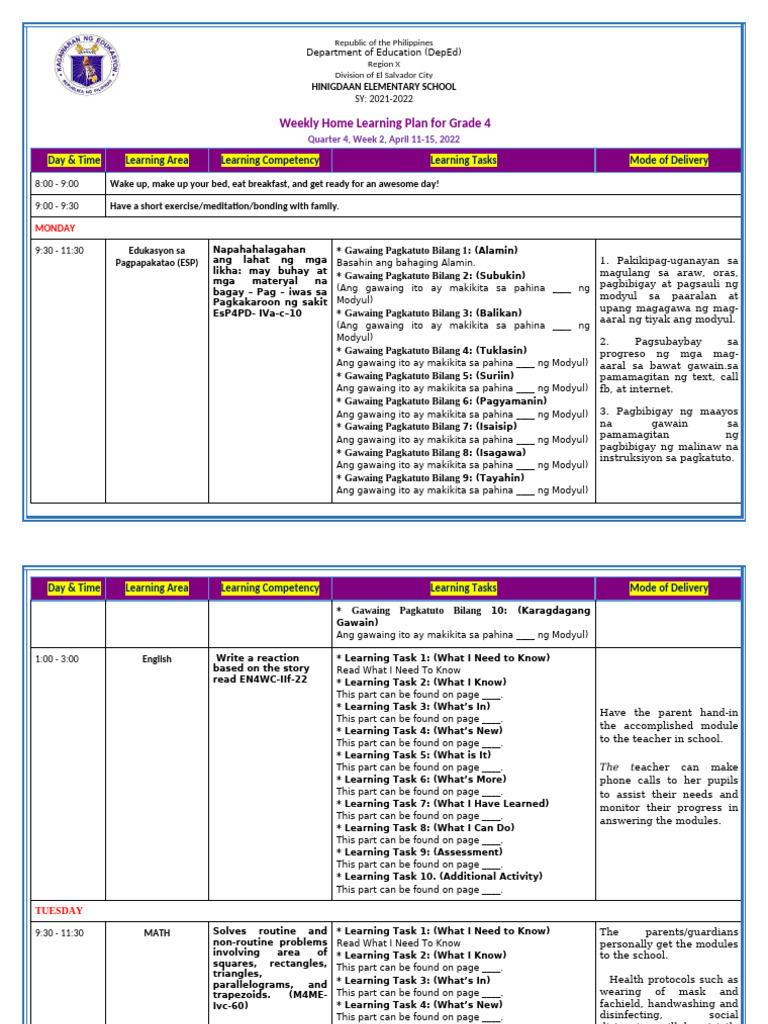 Grade 4 - All Subjects - WHLP - Q4 - W2 | PDF