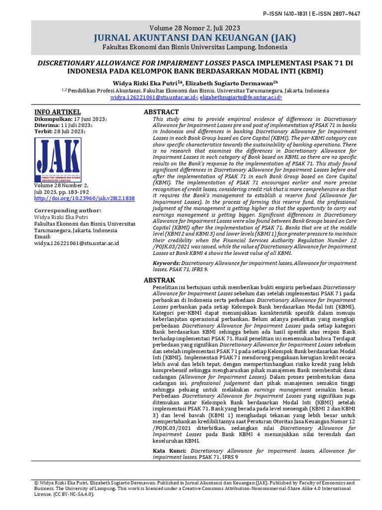Discretionary Allowance For Impairment Losses Pasca Implementasi Psak ...