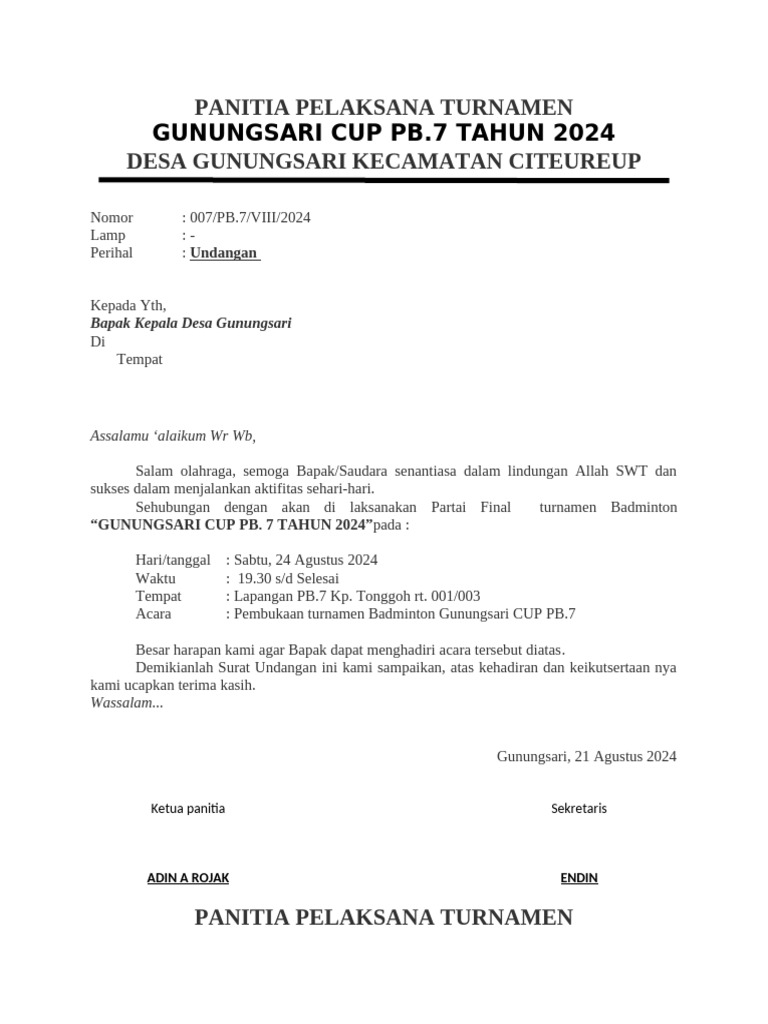 Undangan Final Turnament Badminton PB.7 | PDF