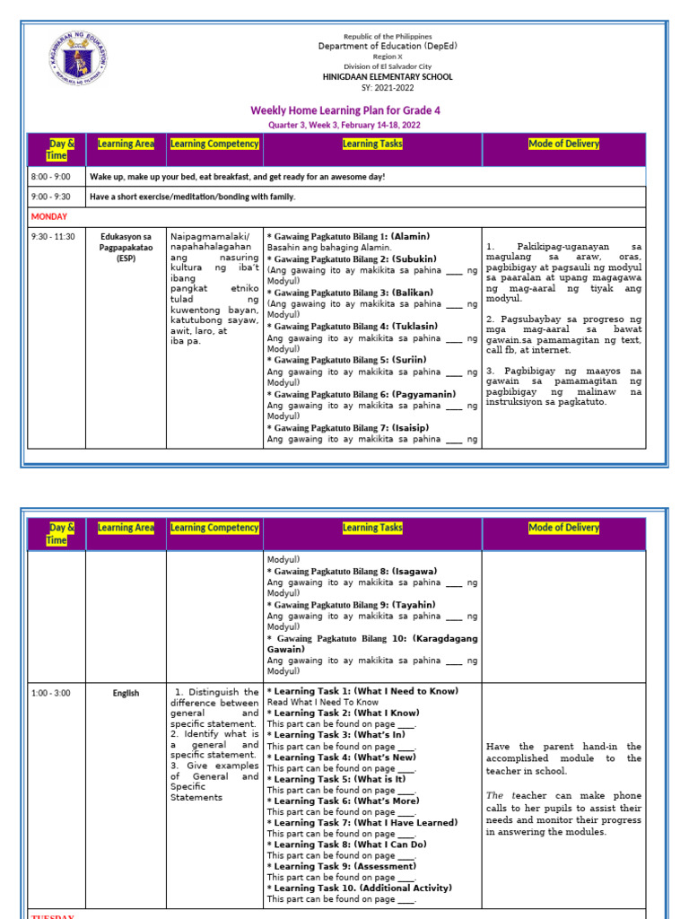 Grade 4 - All Subjects - WHLP - Q3 - W3 | PDF