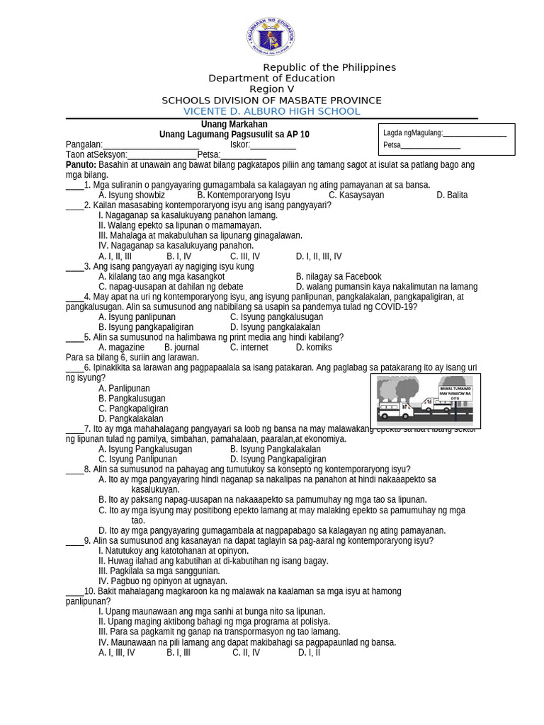 Unang Markahan Unang Lagumang Pagsusulit Sa AP 10 Panuto | PDF | Natural Environment
