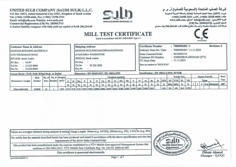 Mill Test Certificate | PDF
