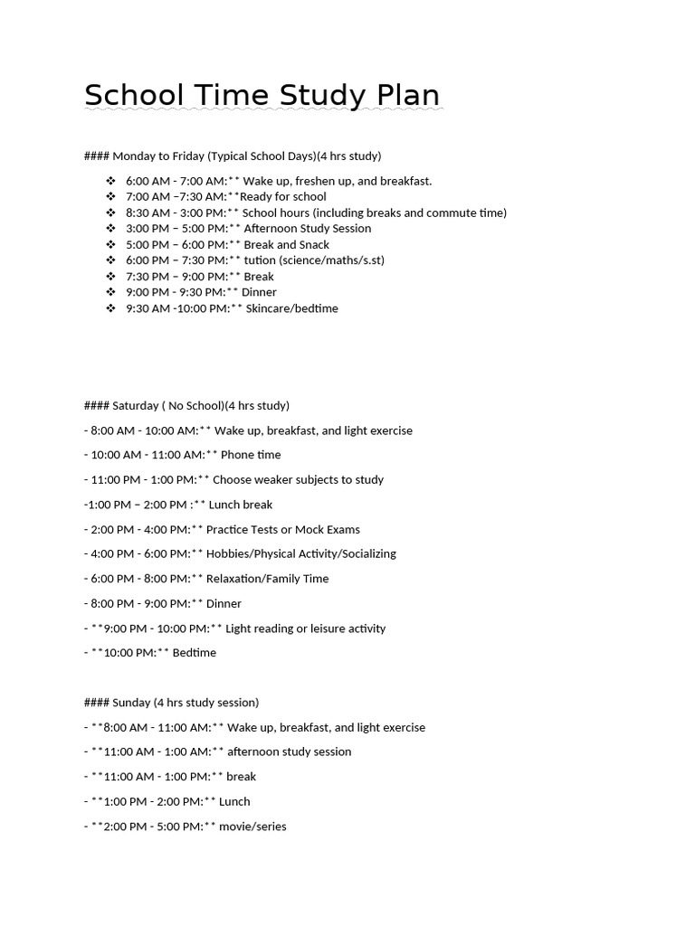 School Time Study Plan | PDF