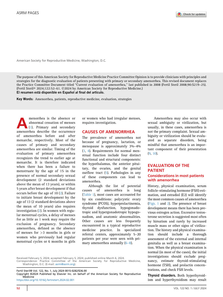 Current Evaluation of Amenorrhea | PDF