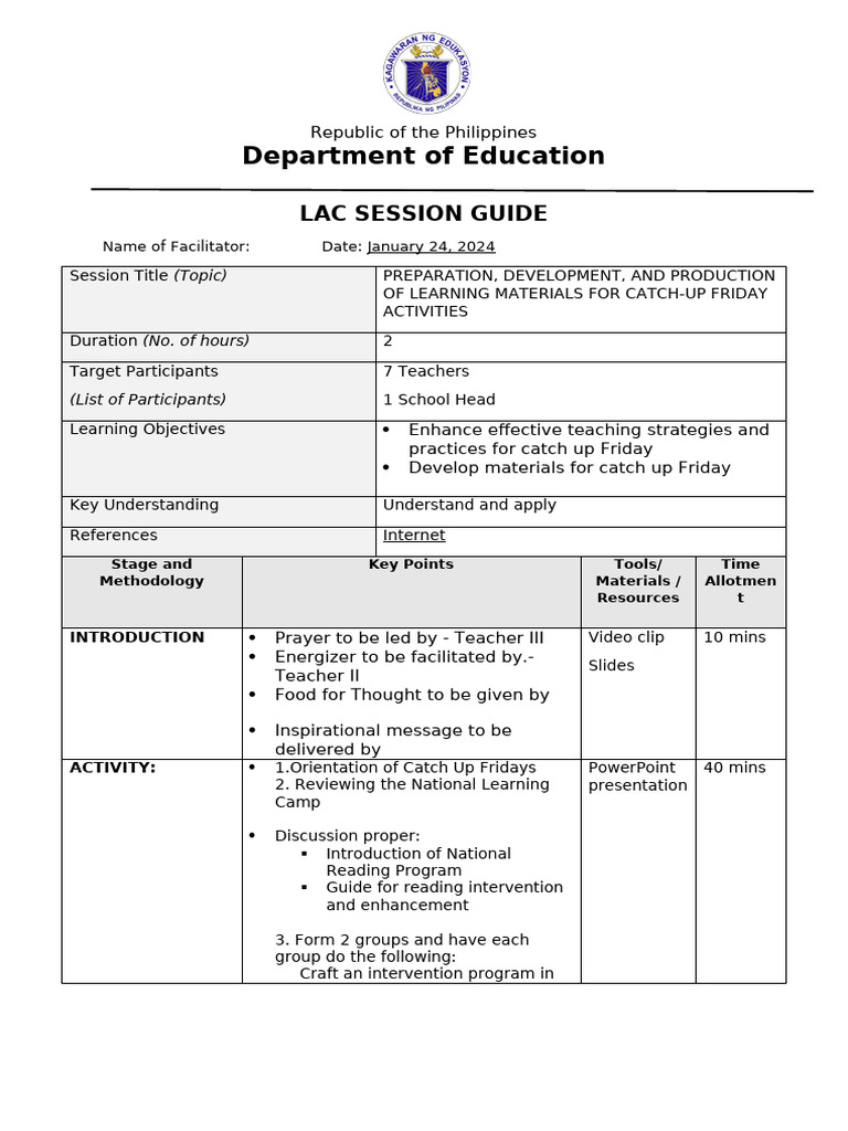 LAC SESSION GUIDE With Attendance | PDF | Learning | Literacy