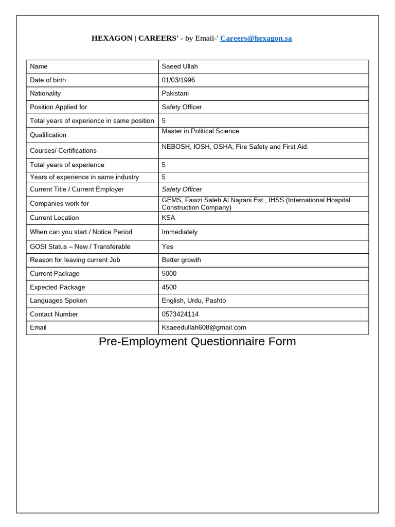 Pre-Employment Questionnaire Form | PDF