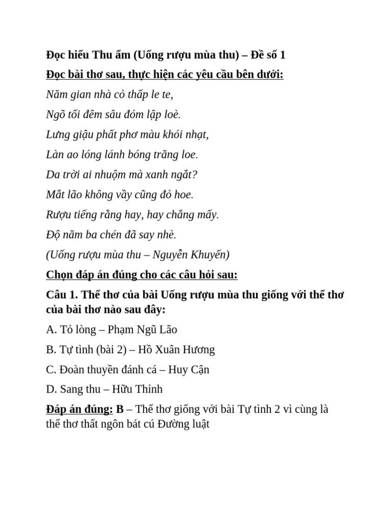 Đọc Hiểu Thu Ẩm - Ng Khuyến | PDF
