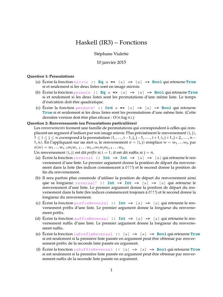 Haskell (IR3) - Fonctions: Question 1: Permutations | PDF