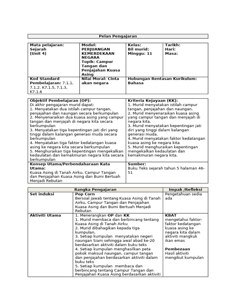 RPH UNIT 4 Sejarah Tahun | PDF