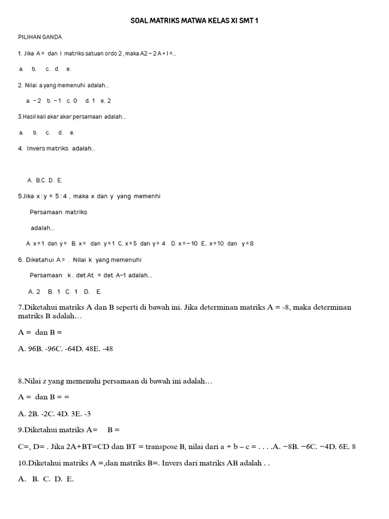 SOAL MATRIKS MATWA KELAS XI SMT 1.docx - 20240901 - 193820 - 0000 | PDF