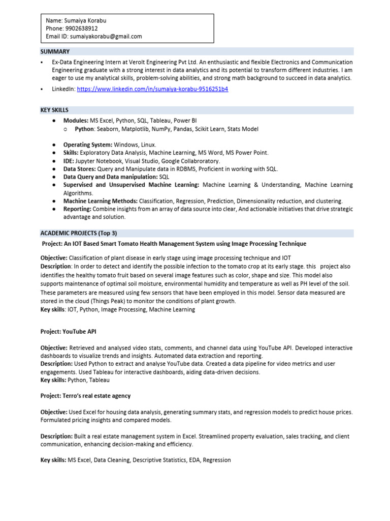 Resume Sumaiya Bengluru-1 | PDF | Machine Learning | Data Analysis