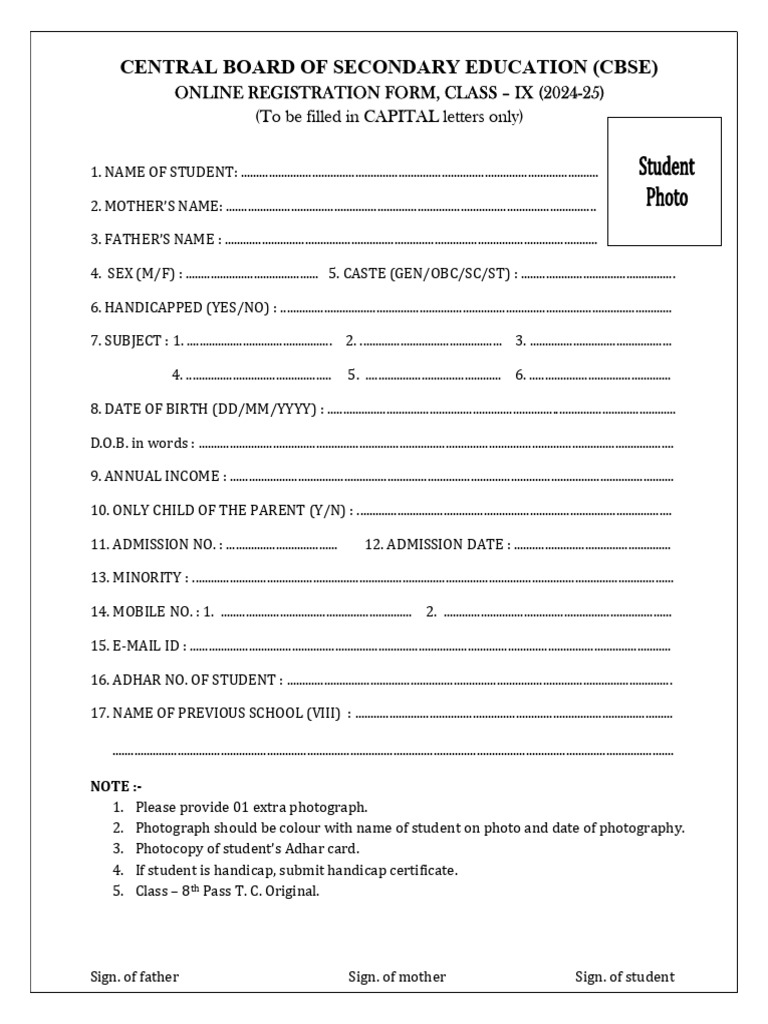 Class - IX Board Registration Form-24-25 | PDF