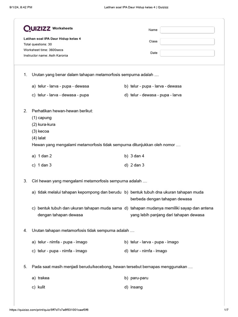 Latihan Soal IPA Daur Hidup Kelas 4 - Quiz | PDF