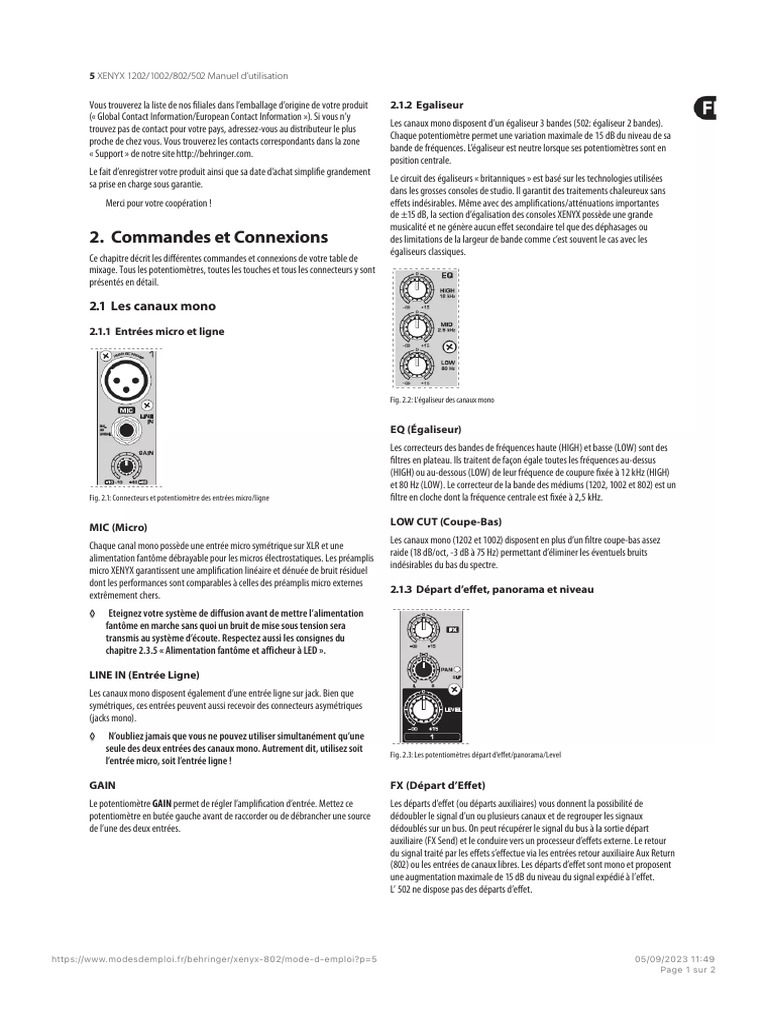 Mode D'emploi Behringer Xenyx 802 (Français - 12 Des Pages) | PDF