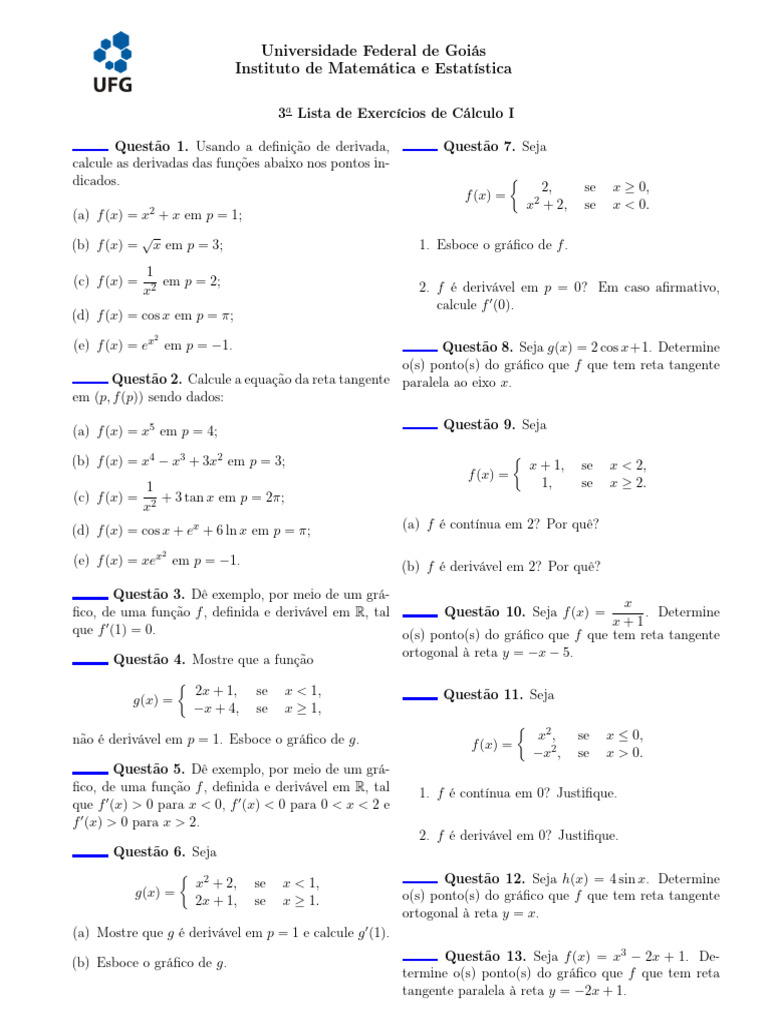 3 Lista de Exercícios de Cálculo I Questão 1. Questão 7 | PDF