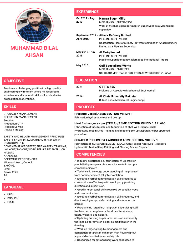 CV - Production Engineer - Mr. M. - Bilal - Ahsan | PDF