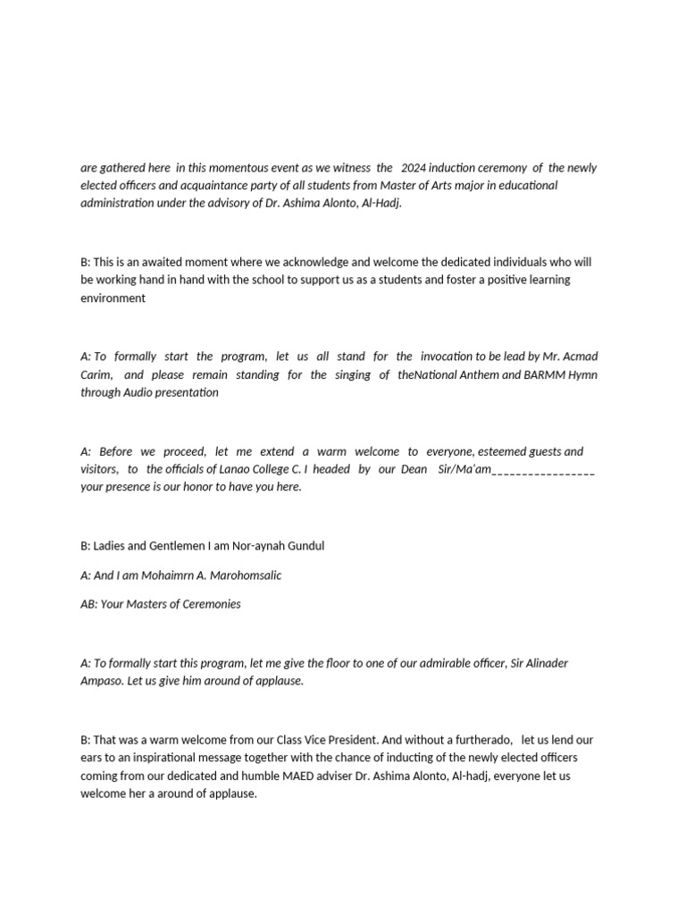 Induction Emcee Script | PDF