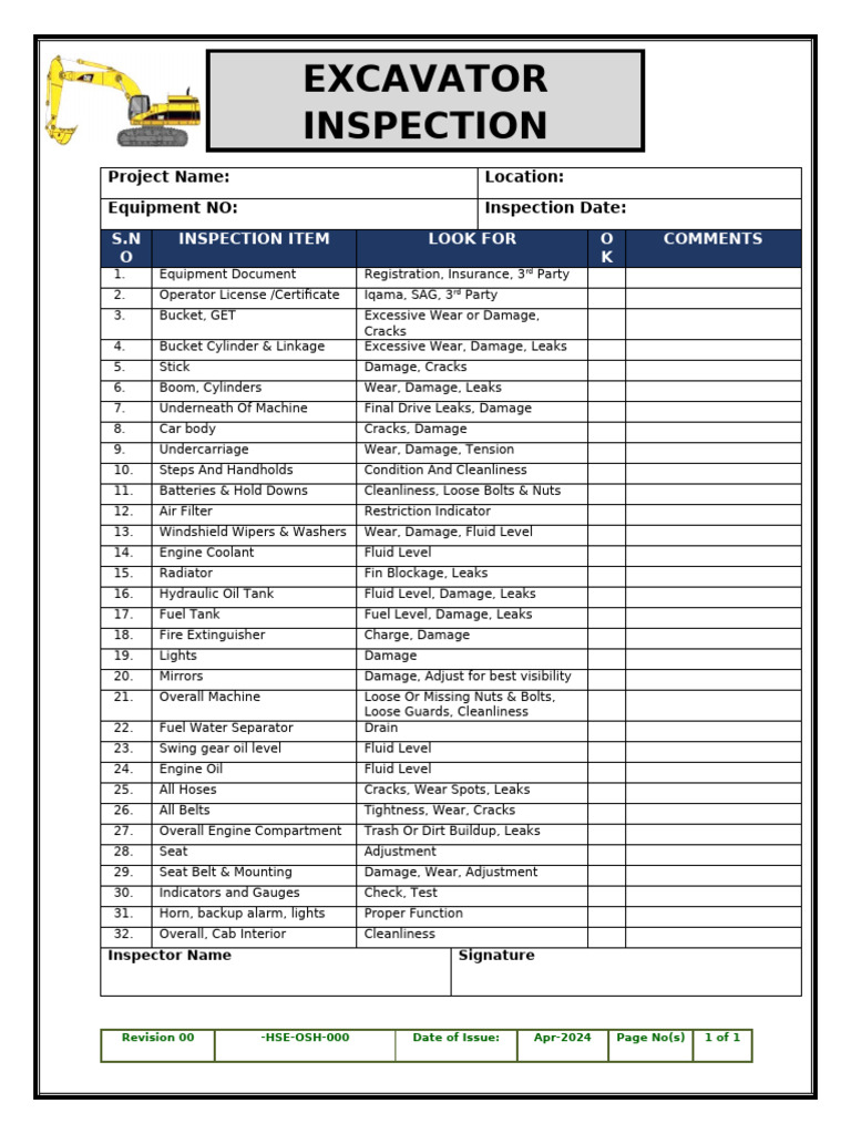 Excavator Inspection Check List | PDF